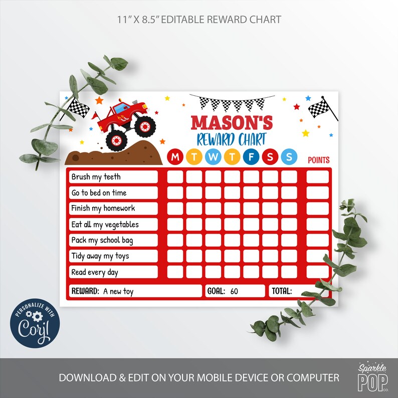 Monster Truck Reward Chart Kids Routine Chart Chore Chart | Etsy