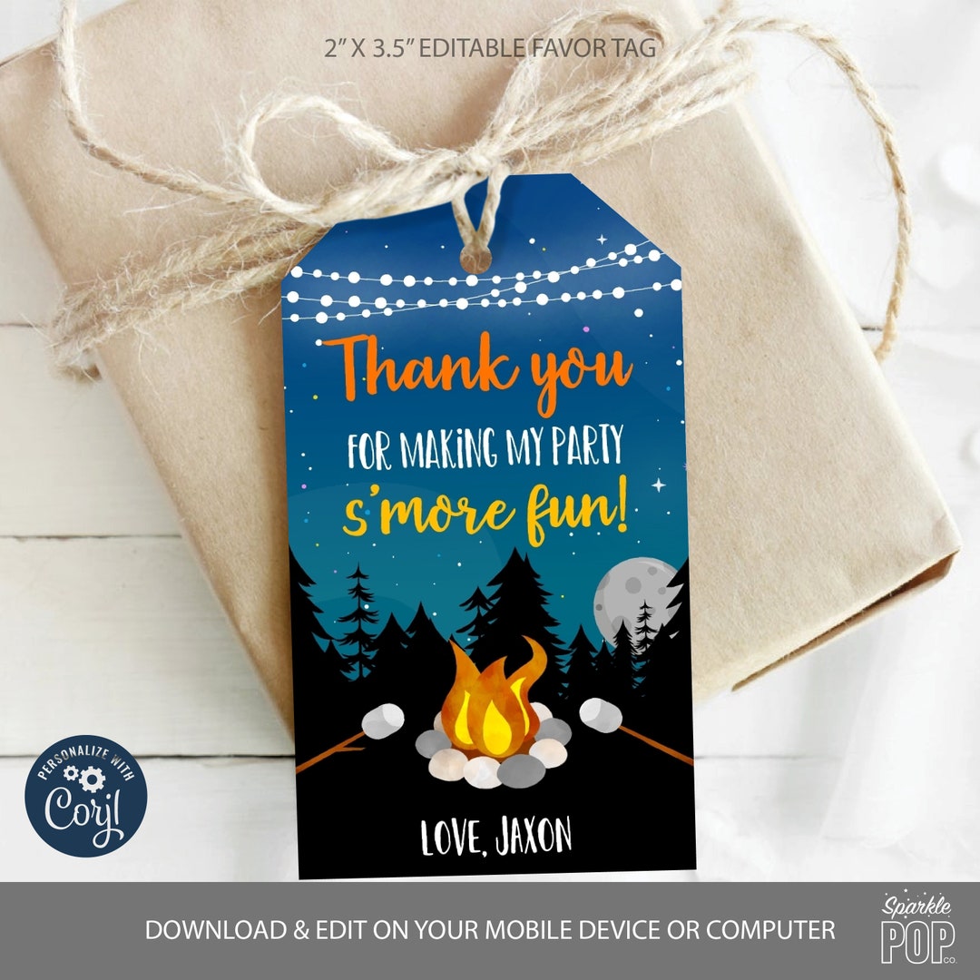 EDITABLE S'mores Birthday Favor Tag Camping Party Thank You Tag Smore ...