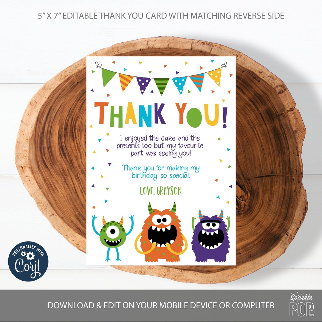 EDITABLE Little Monster Thank You Card Monsters 1st Birthday Party ...