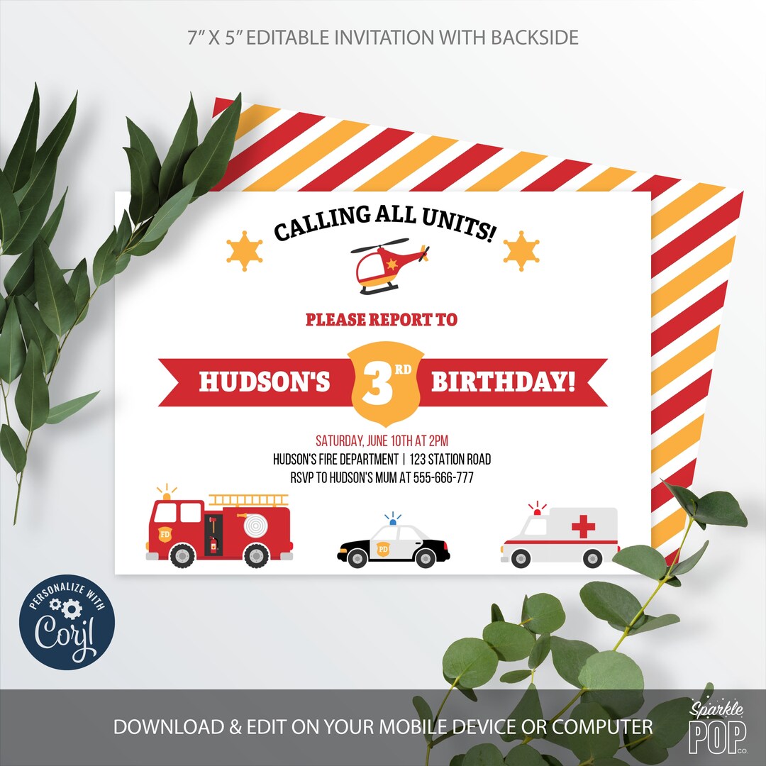 Emergency Vehicles Invitation, Police Car, Fire Truck, Ambulance ...