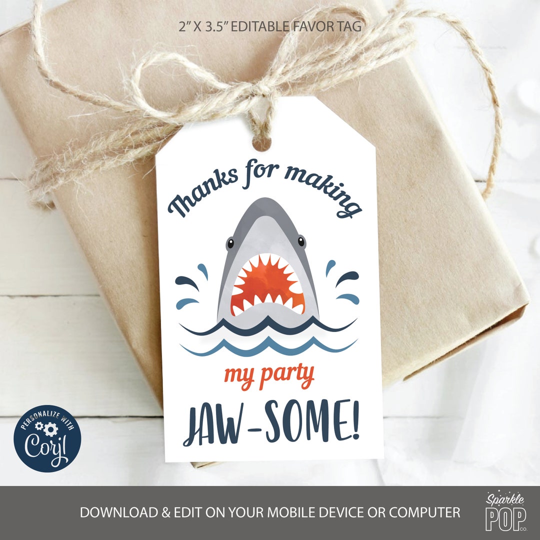 Editable Shark Favor Tags, Shark Birthday Gift Tags, Shark Party ...