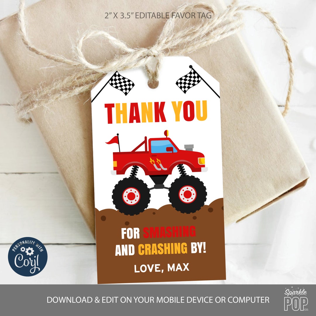 EDITABLE Monster Truck Birthday Favor Tag Party Gift Tag Printable ...