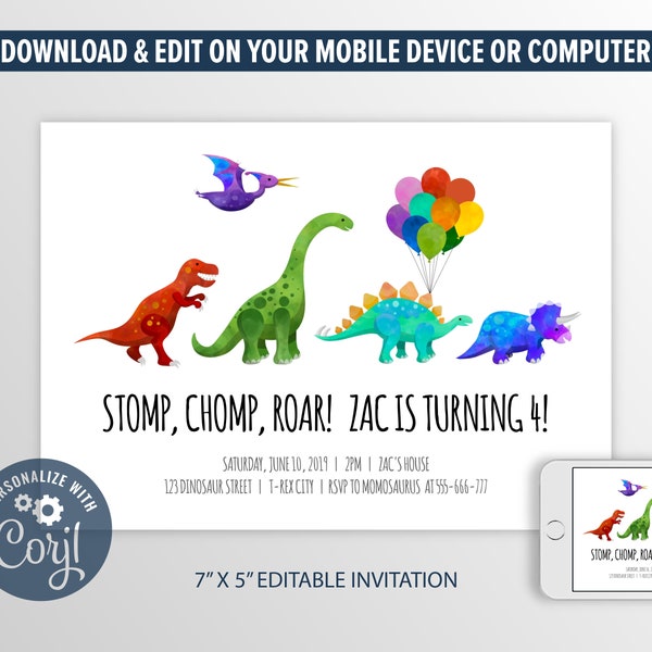 Dinosaur Invitation, Dinosaur Birthday Party Printable, Editable ...