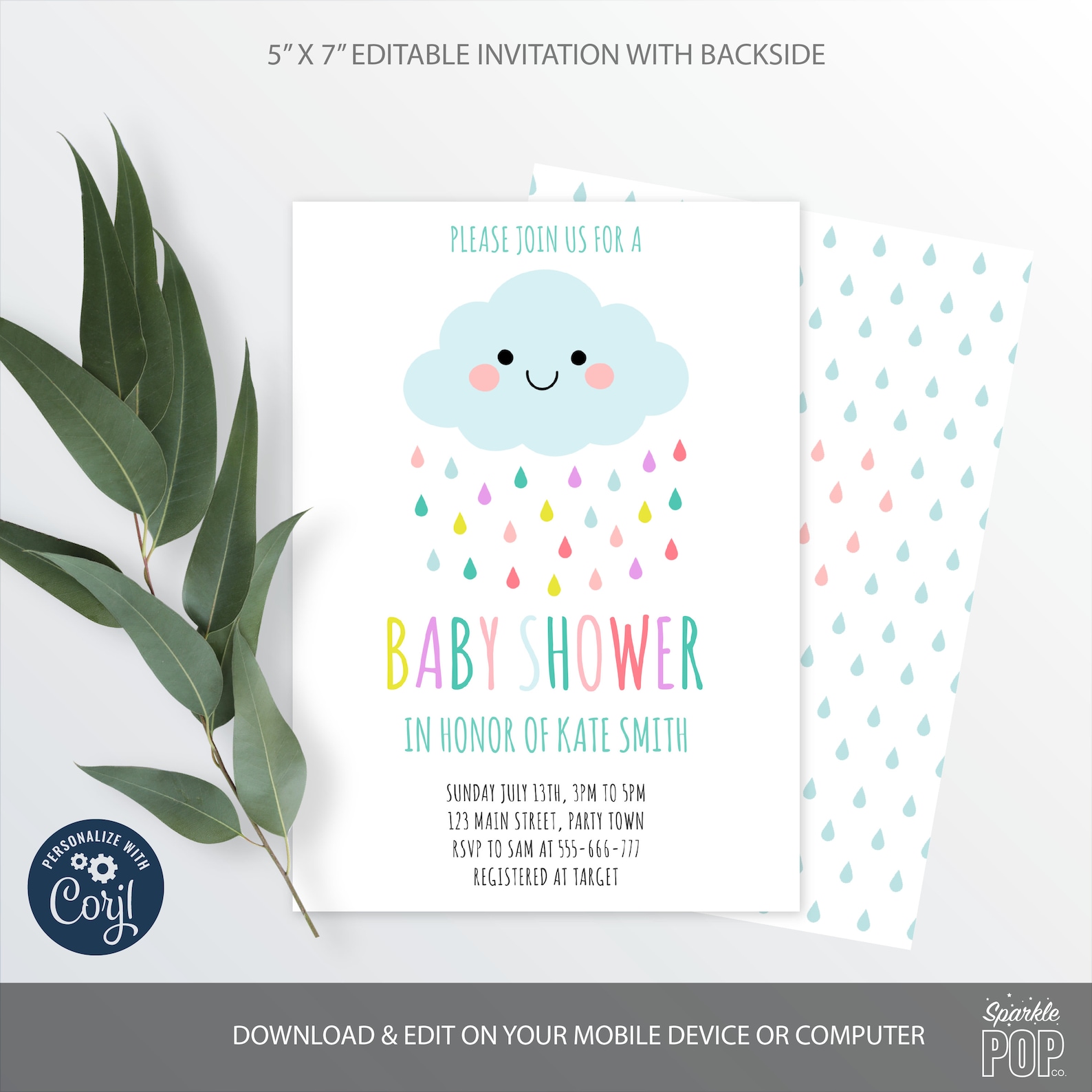 Cloud Baby Shower Invitation, Baby Sprinkle Rain Drops, Printable ...