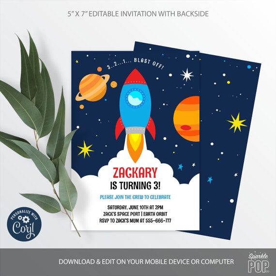 Space Rocket Birthday Invitation Outer Space Editable | Etsy