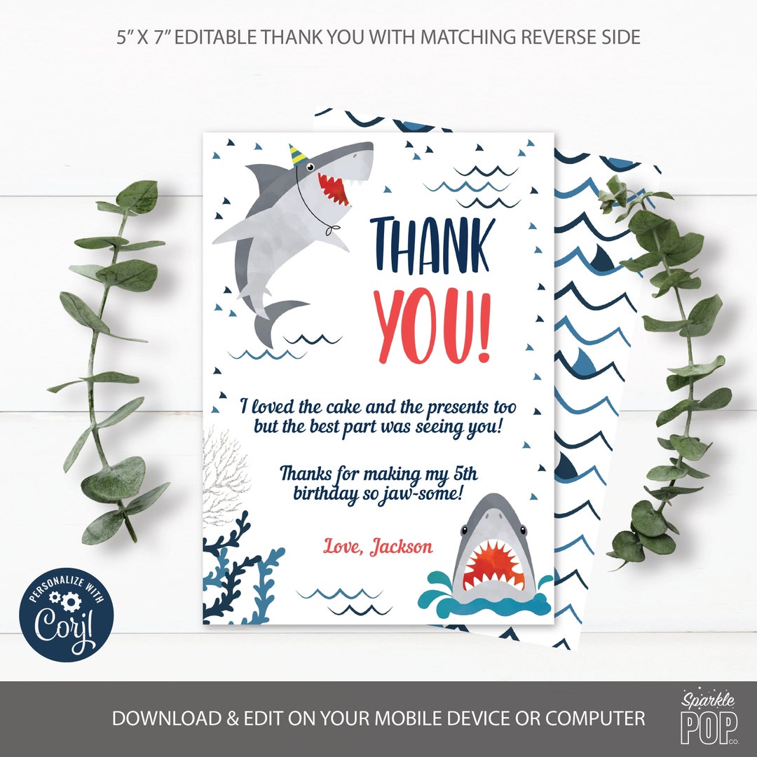 Shark Birthday Thank You Card, Baby Shark Party, Printable Template ...