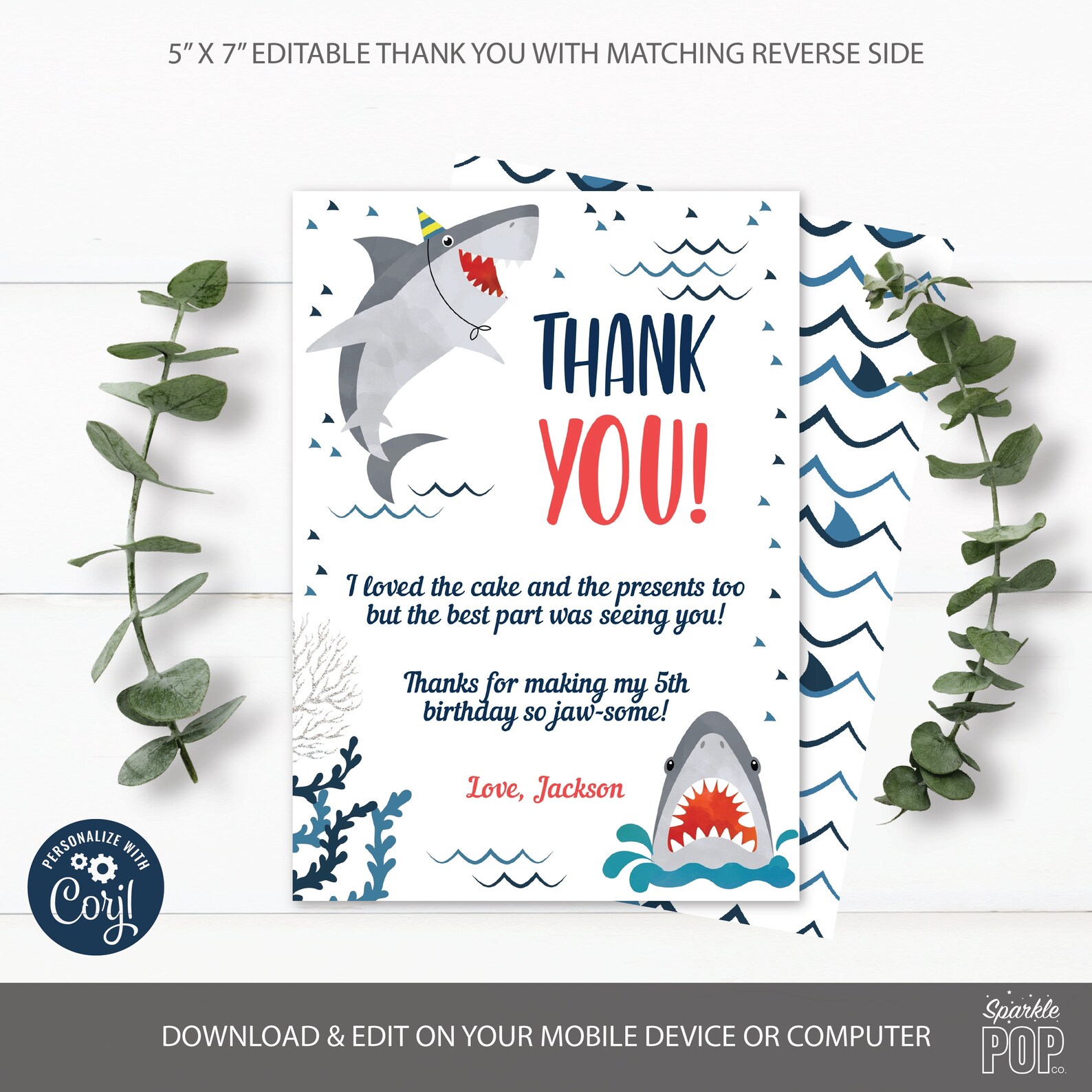 Shark Birthday Thank You Card, Baby Shark Party, Printable Template ...
