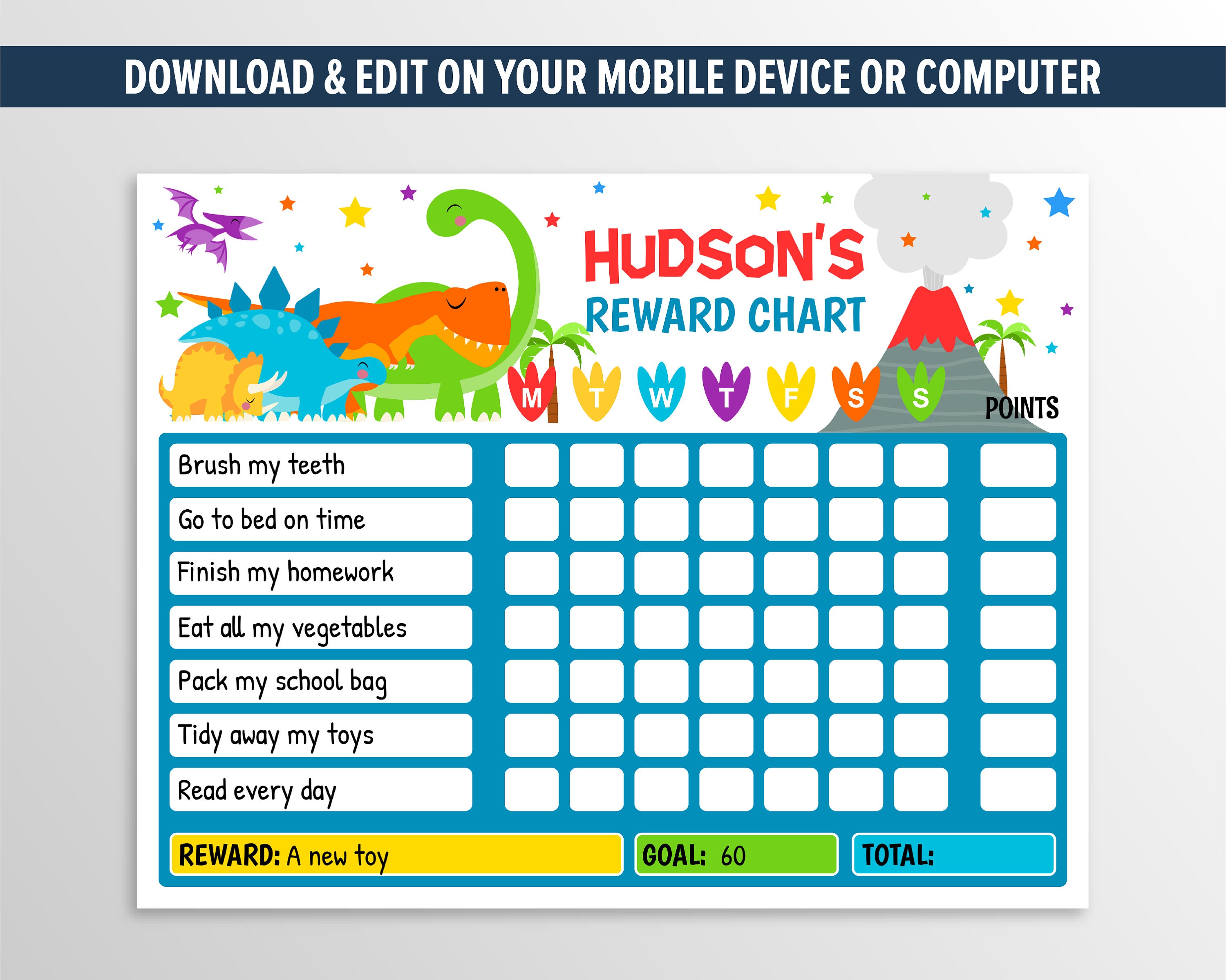 Editable Dinosaur Reward Chart T-rex Routine Chart Kids - Etsy