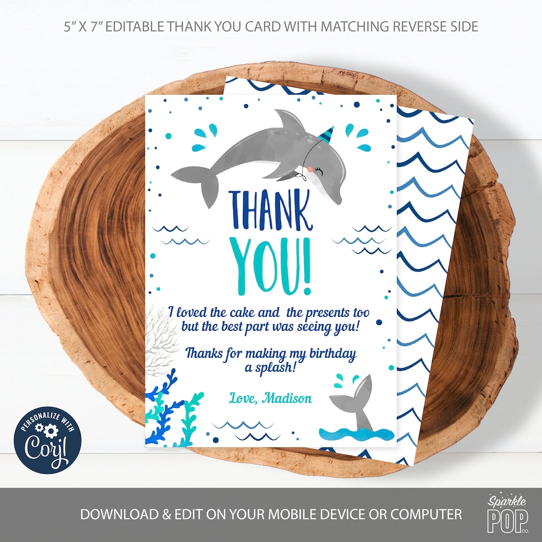 Dolphin Thank You Card Under the Sea Birthday Party Splash Bash DIGITAL ...