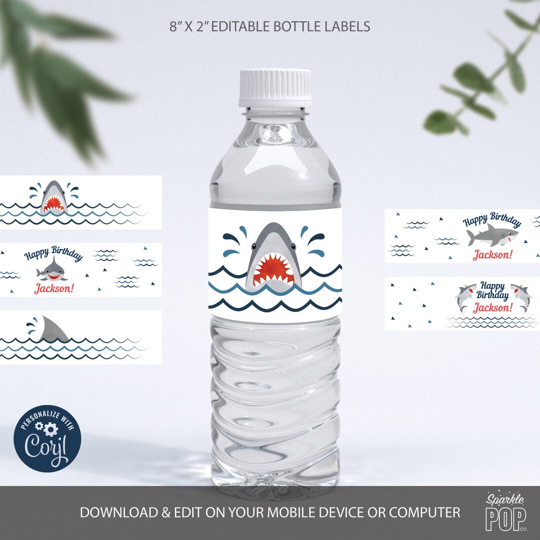 Shark Water Bottle Labels, Editable Shark Bottle Labels, Boy Shark ...