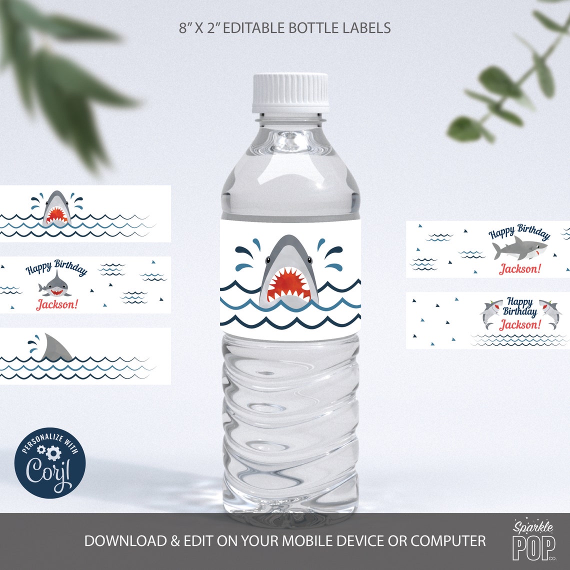 Shark Water Bottle Labels, Editable Shark Bottle Labels, Boy Shark ...