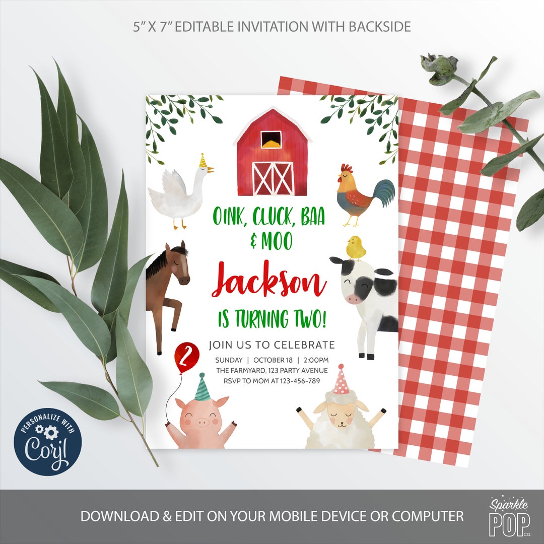 Editable Farm Birthday Invitation, Barnyard Animals, Cow, Sheep, Chick ...