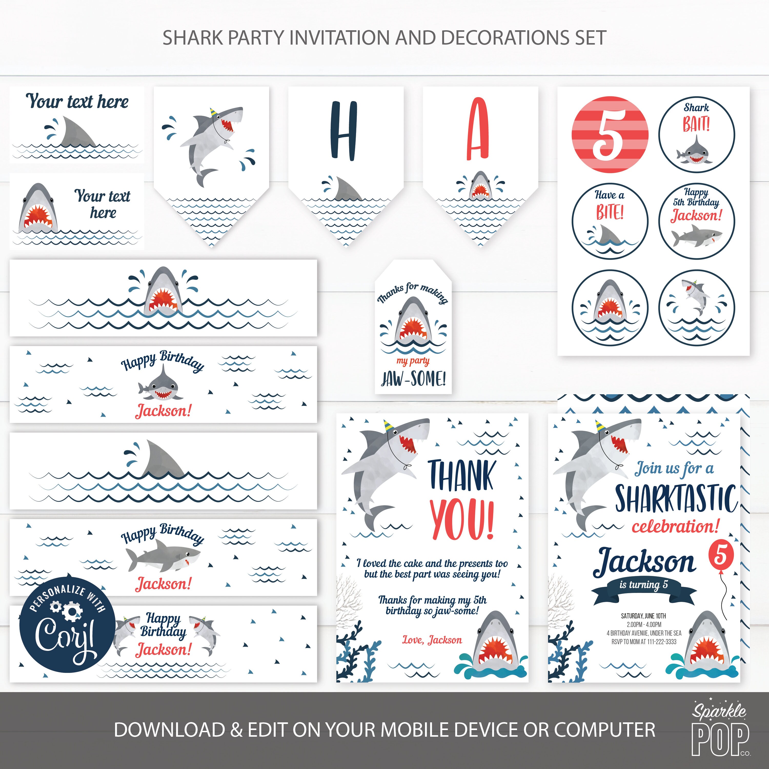 Shark Birthday Decorations, Editable Shark Decorations, Shark Favor ...