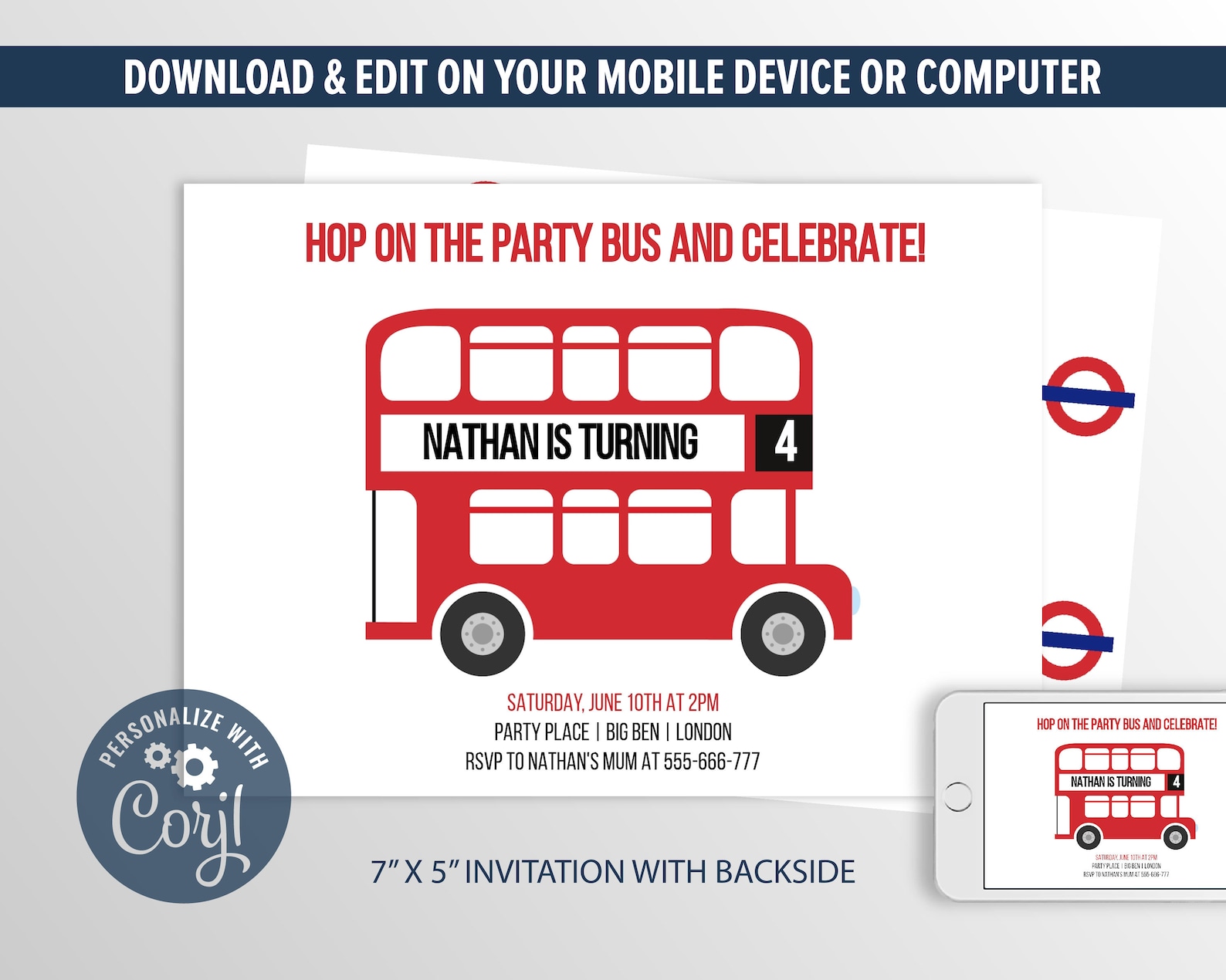 London Bus Party Invitation, Red Double Decker Bus, Birthday Invite - Etsy