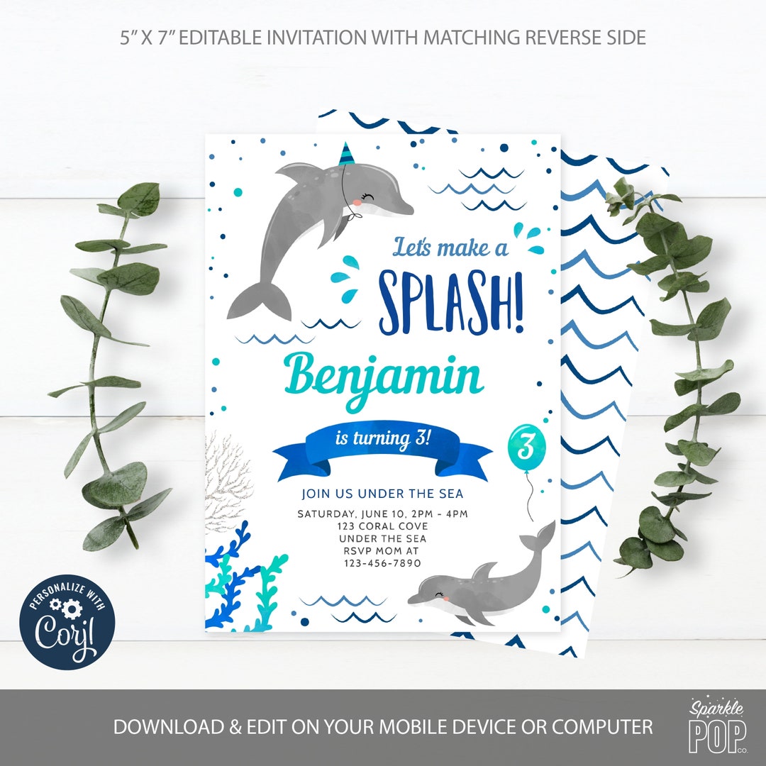 Editable Dolphin Birthday Invitation Under the Sea Invite Dolphin Party ...
