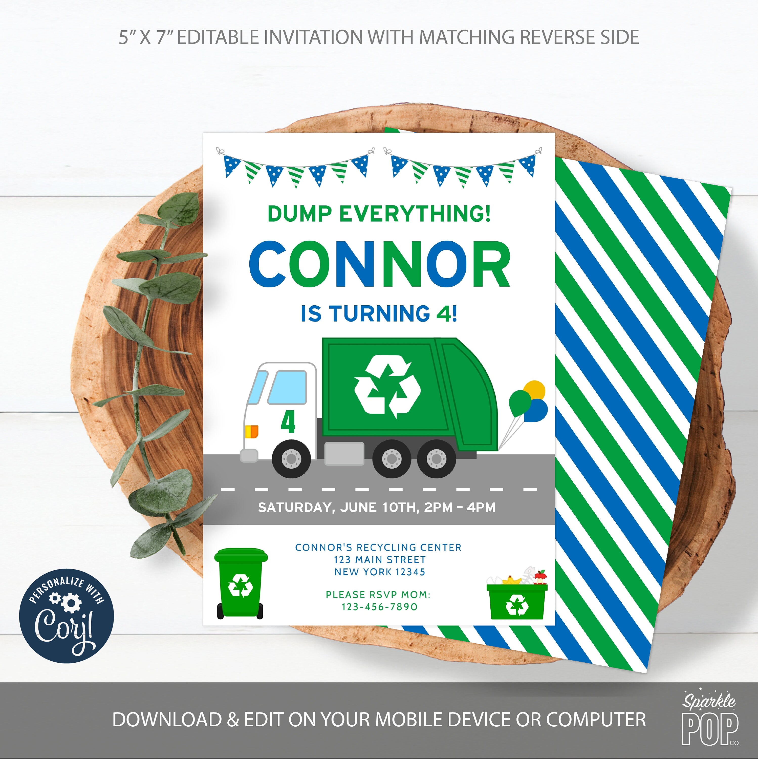 EDITABLE Trash Truck Birthday Invitation Garbage Truck Invite Recycling ...