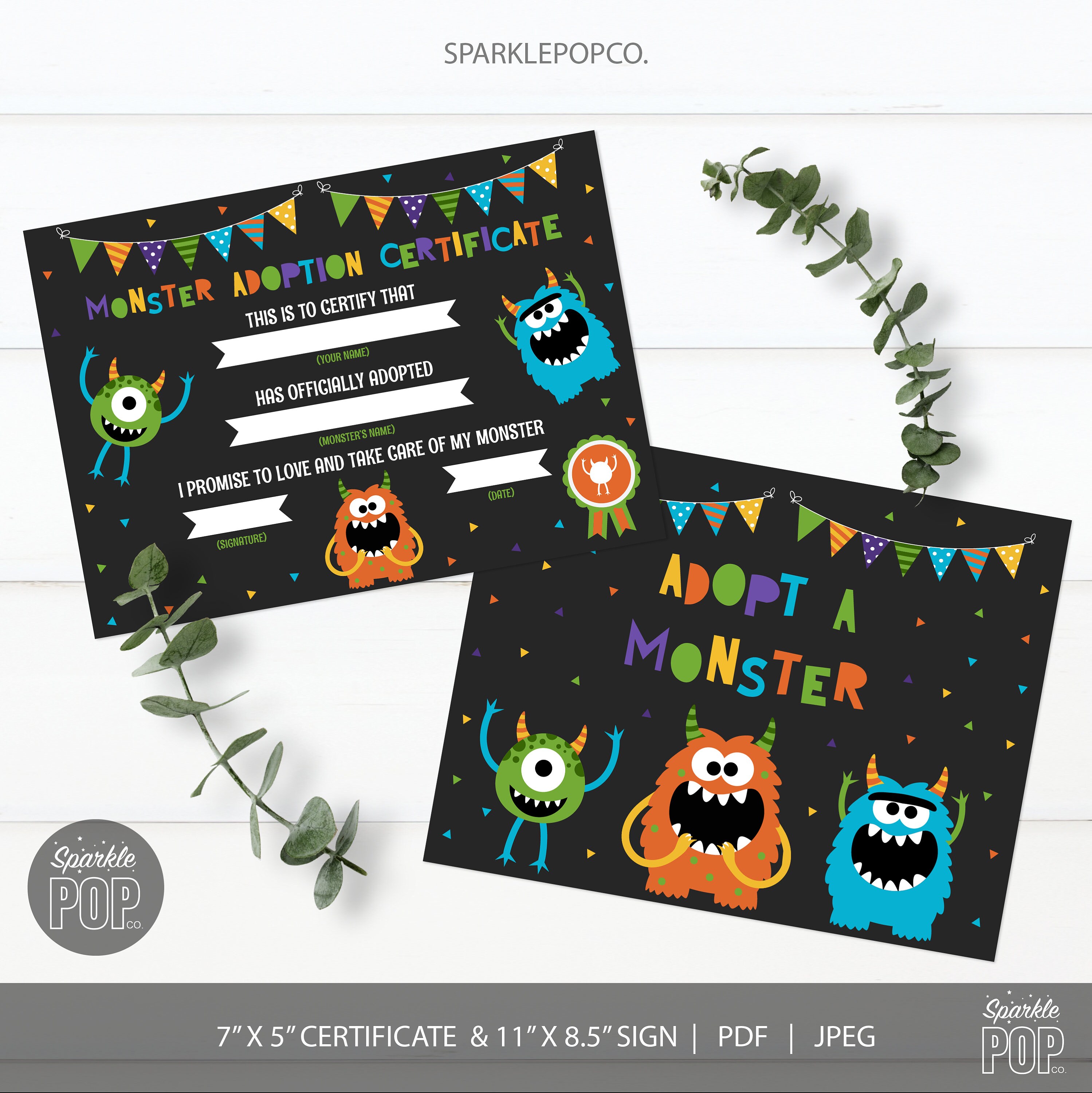 Adopt a Monster Certificate and Sign Monster Monster Birthday Party ...