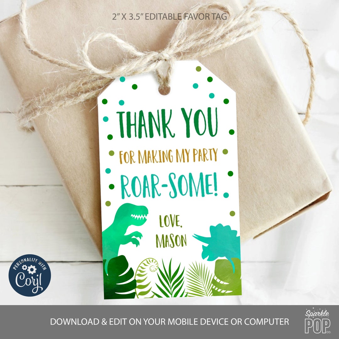 Dinosaur Favor Tags, Editable T Rex Birthday Party Gift Tags, Dinosaur ...