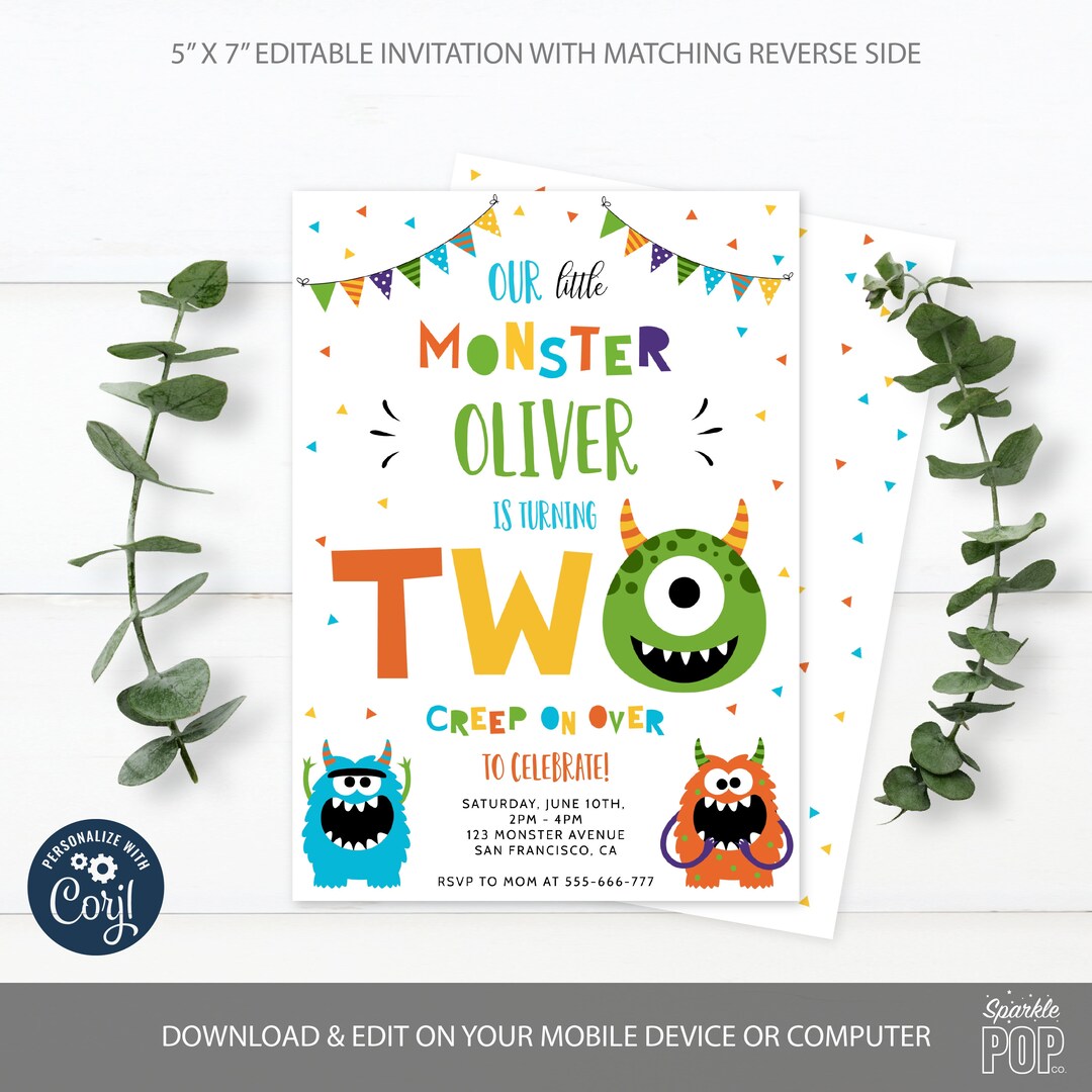 Monster 2nd Birthday Invitation, Little Monster is Two Birthday Party ...