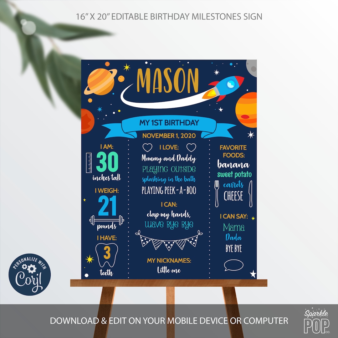 Editable Space Birthday Milestones Sign, Astronaut 1st Birthday, Outer ...