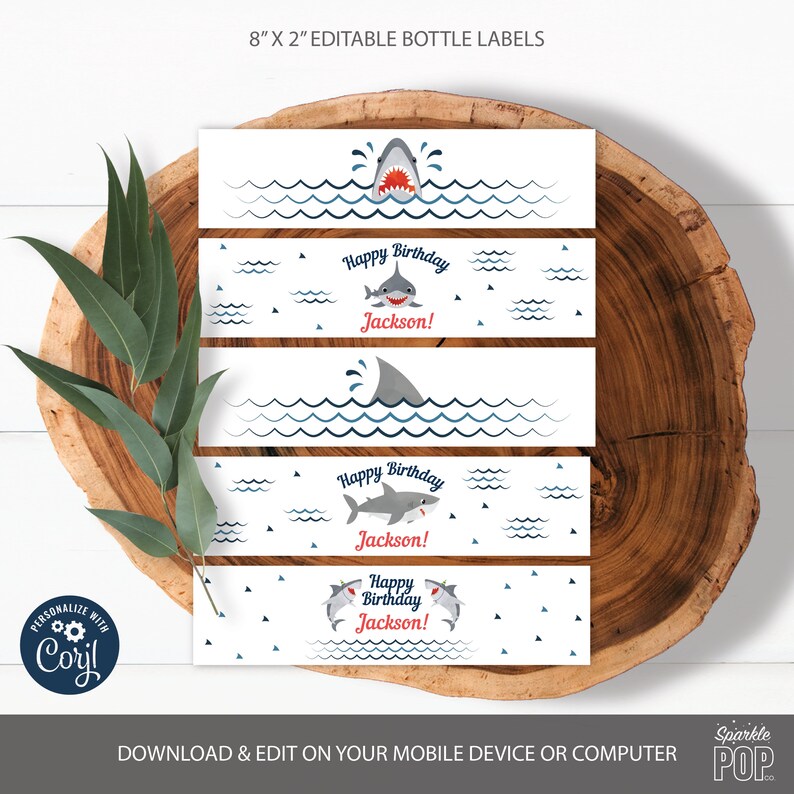 Shark Water Bottle Labels, Editable Shark Bottle Labels, Boy Shark ...