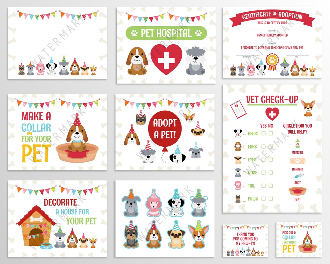 Puppy Birthday Party, Adopt a Pet Sign, Pet Adoption Certificate, 5 ...