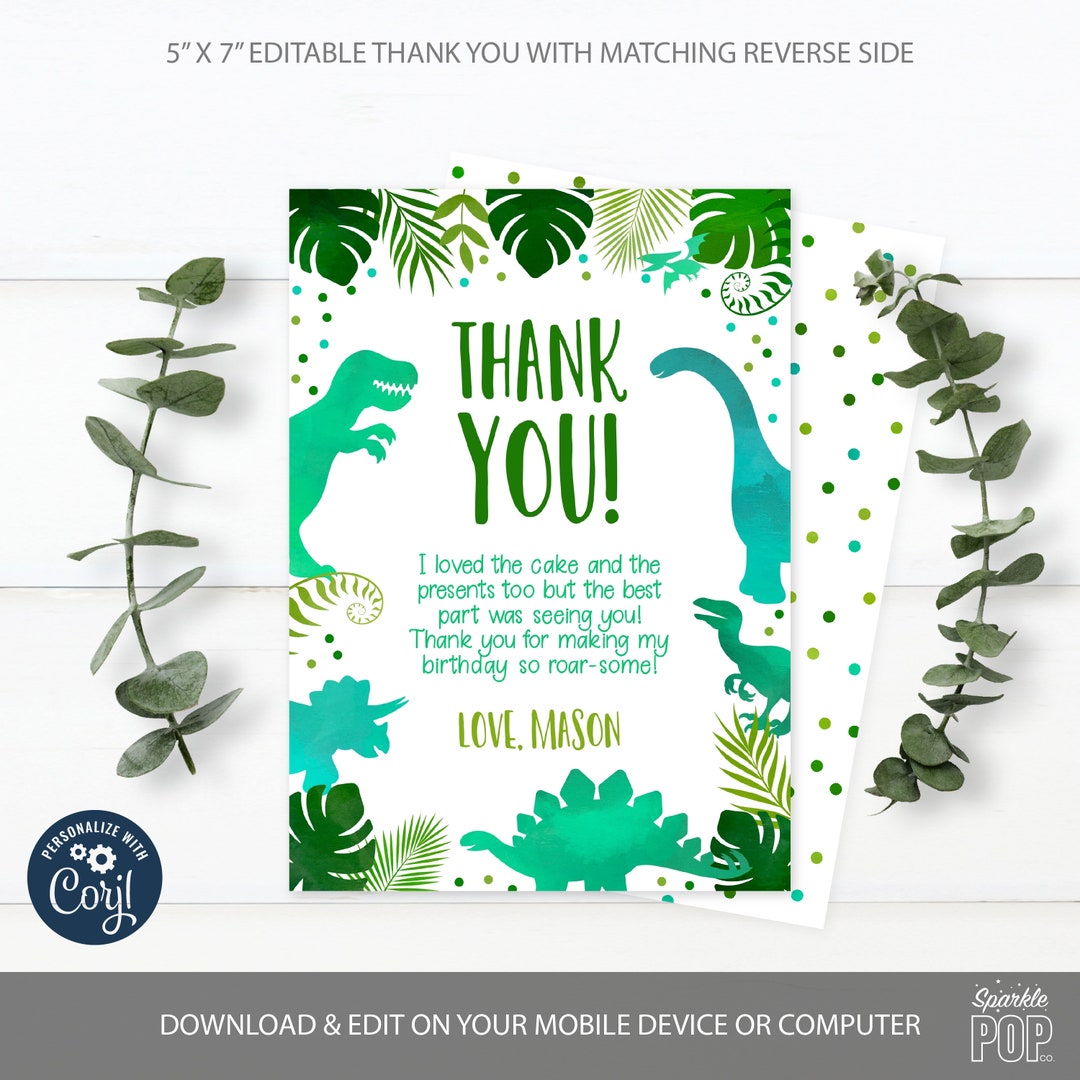 Editable Dinosaur Thank You Card T Rex Birthday Party Watercolor ...