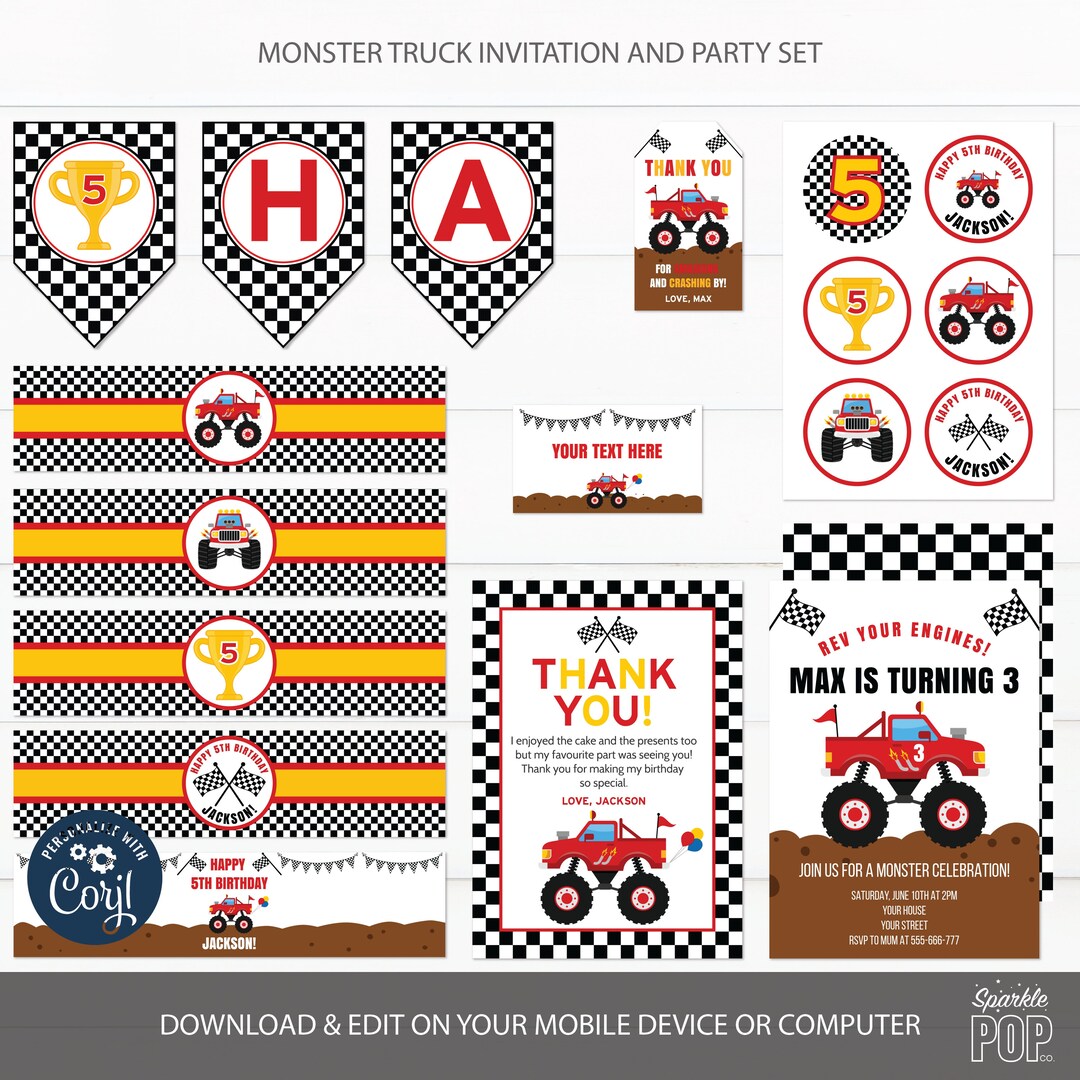 EDITABLE Monster Truck Birthday Set Monster Truck Decor Signs Tags ...