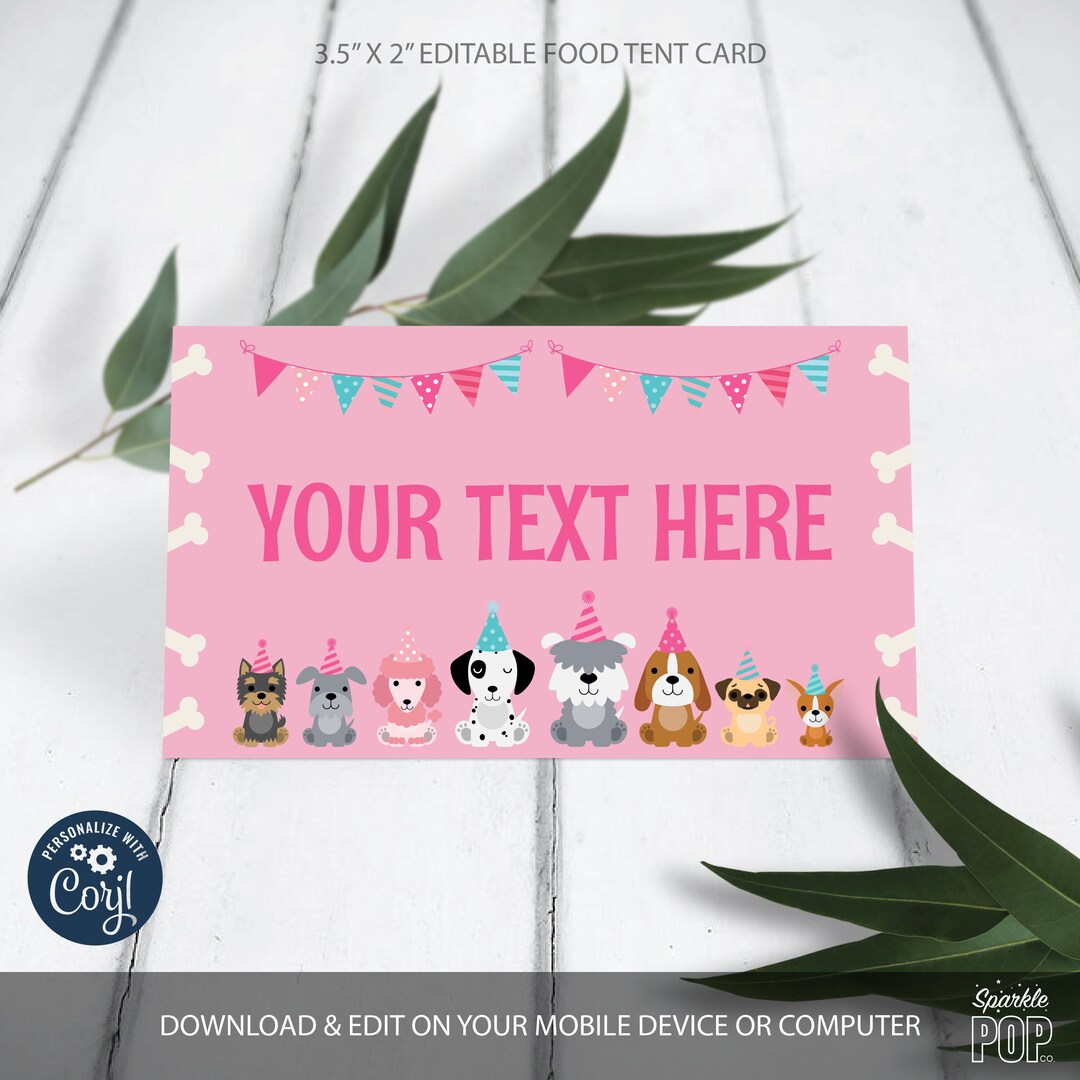 Editable Puppy Food Labels Pink Dog Place Card, Adopt a Puppy Tent Card ...