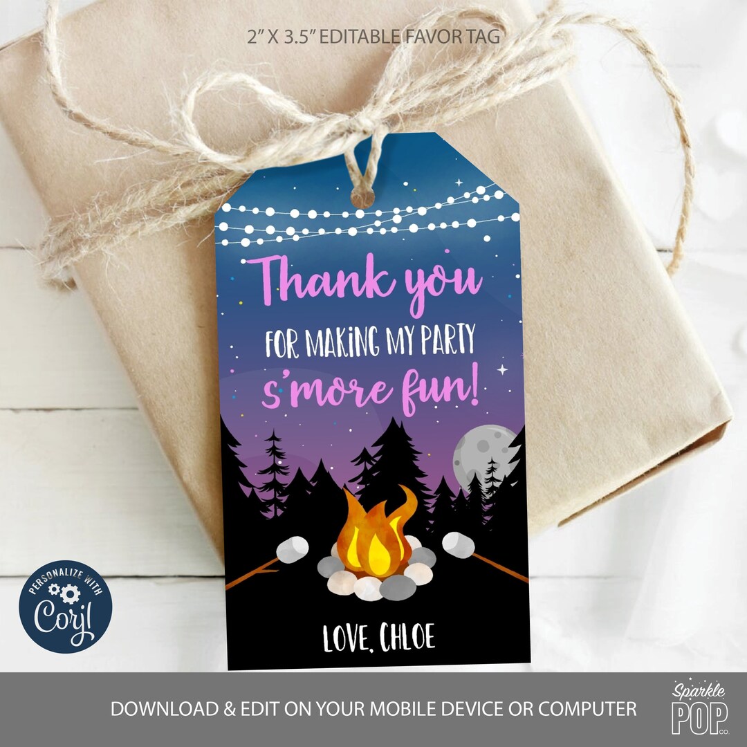 S'mores Birthday Favor Tag Girl Camping Party Thank You Tag Smore ...