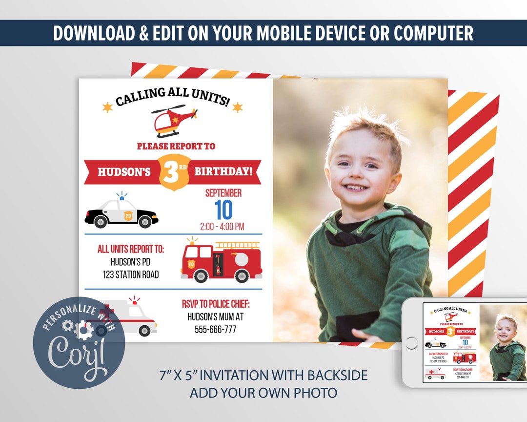 Emergency Vehicles Invitation With Photo, Police Car, Fire Truck ...