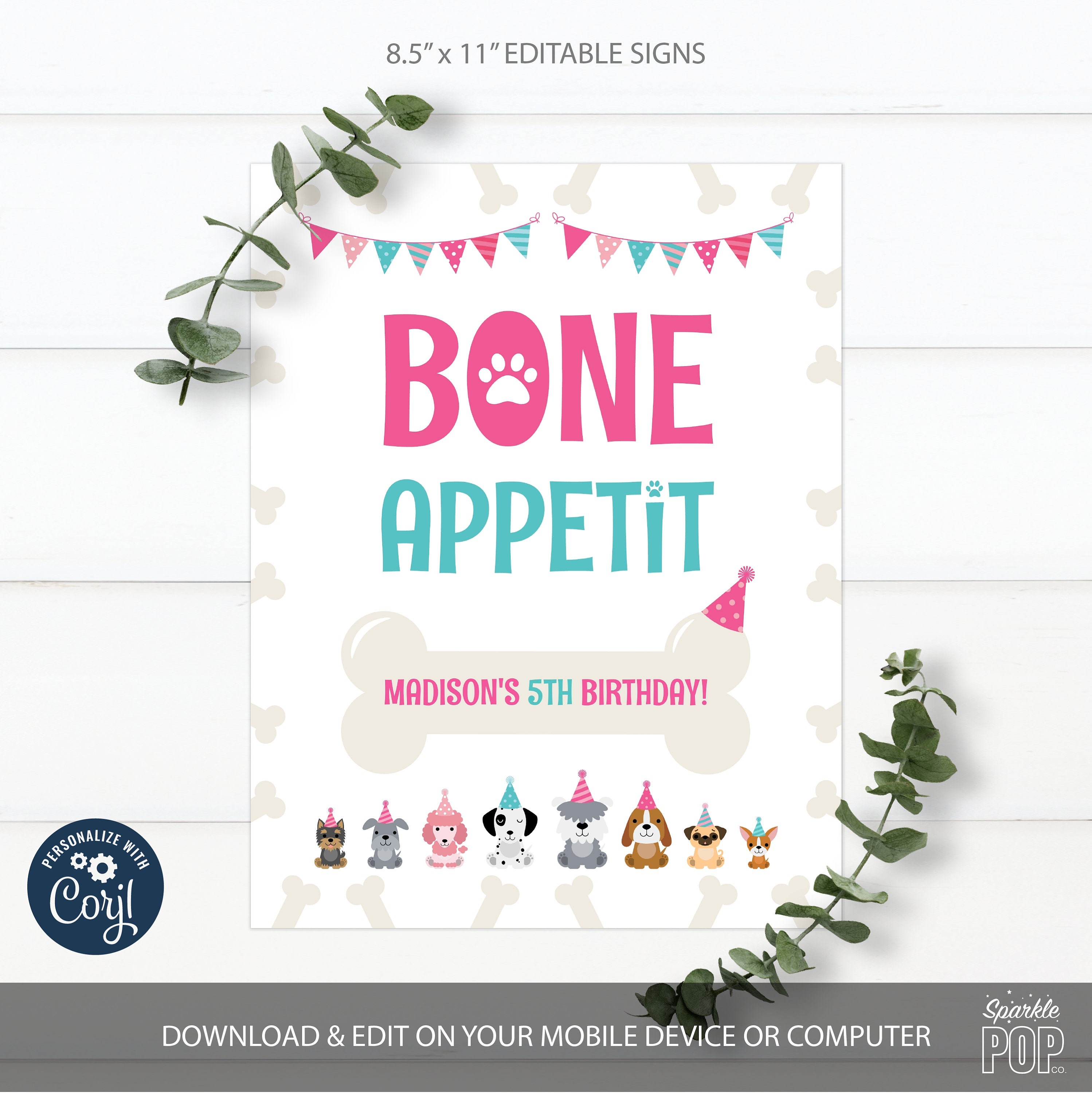 Editable Bone Appetit Dog Sign Dig in Sign Printable Puppy Birthday ...