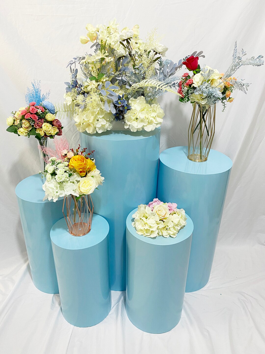 2023 Large Round Glossy Blue Metal Cylinders Pedestal Display Flower ...