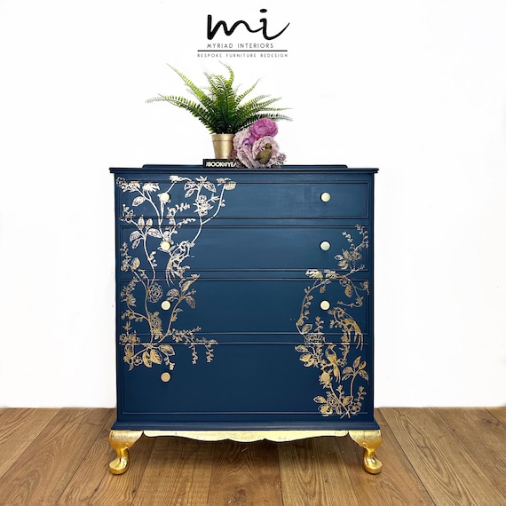 SOLD Commissions Available Pretty Refurbished Vintage Chest of Drawers Navy Blue With Gold Foil Design Bird Song Art Deco Dresser Etsy UK