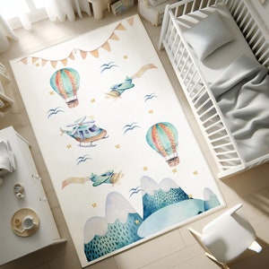 Airplane Patterned Children's Carpet,hot Air Balloon Kids Rug, Baby Boy ...