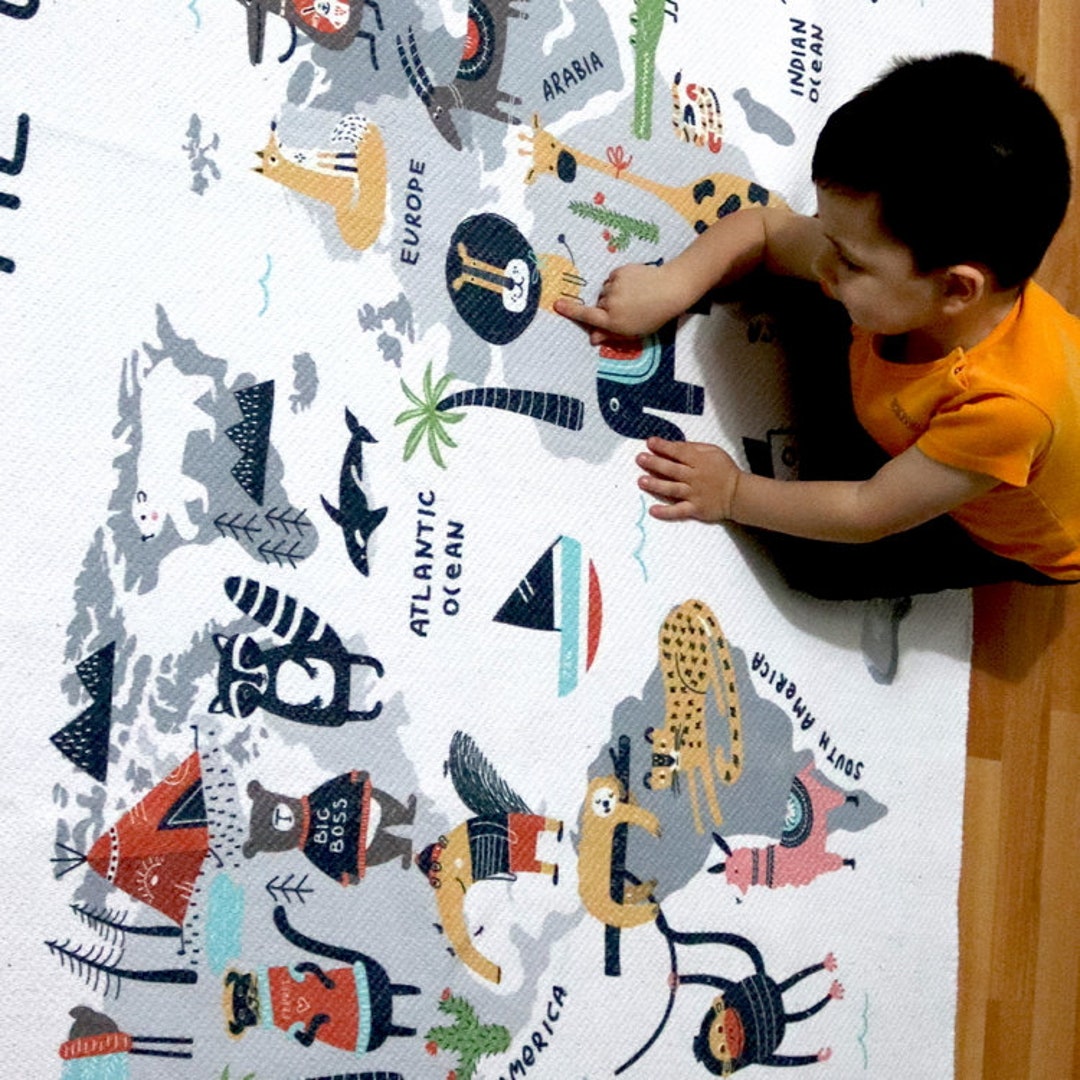 Animal Map Rug, Organic Play Mat, Nursery Rug, Montessori Rug, Play Rug ...