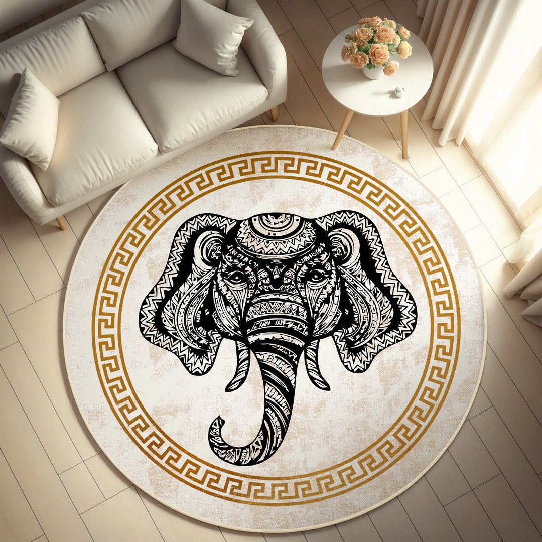 Elephant Area Rug, African Living Room Rug, Washable Round Carpet, Anti ...