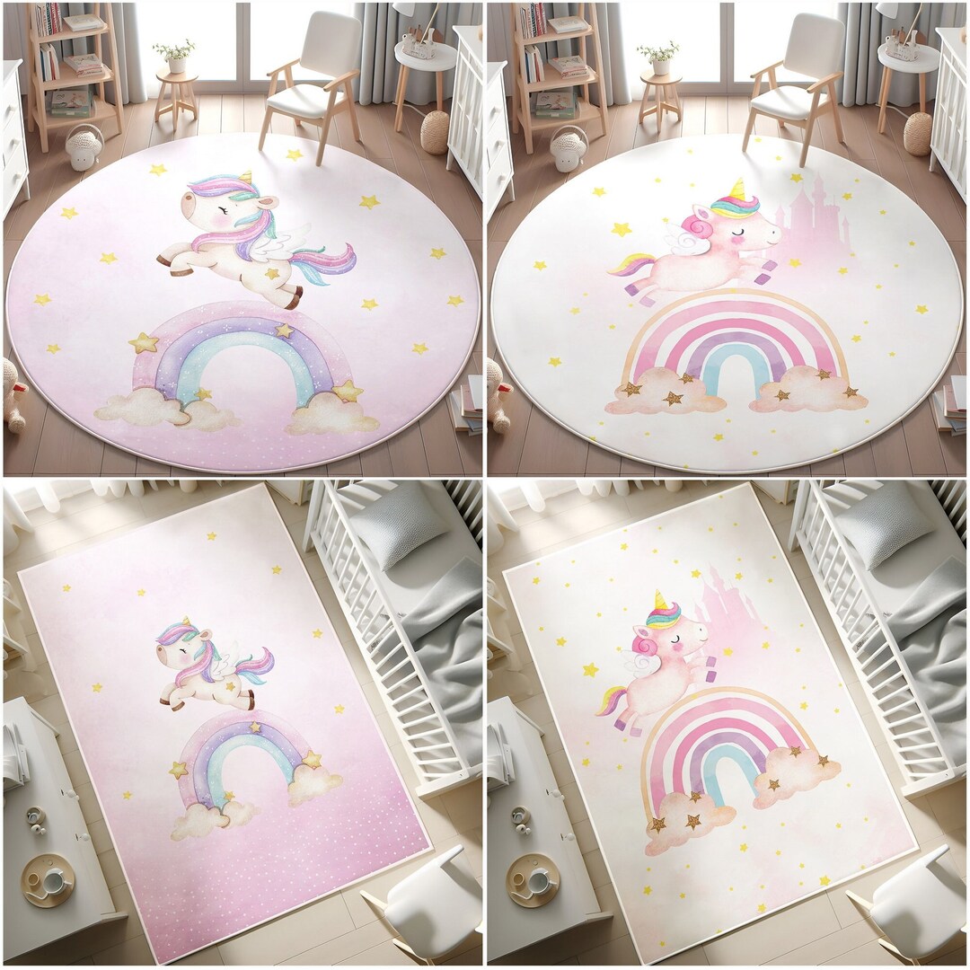 Unicorn Rainbow Kids Rug, Area Rug,round Rug, Baby Girl Rug, Pink ...