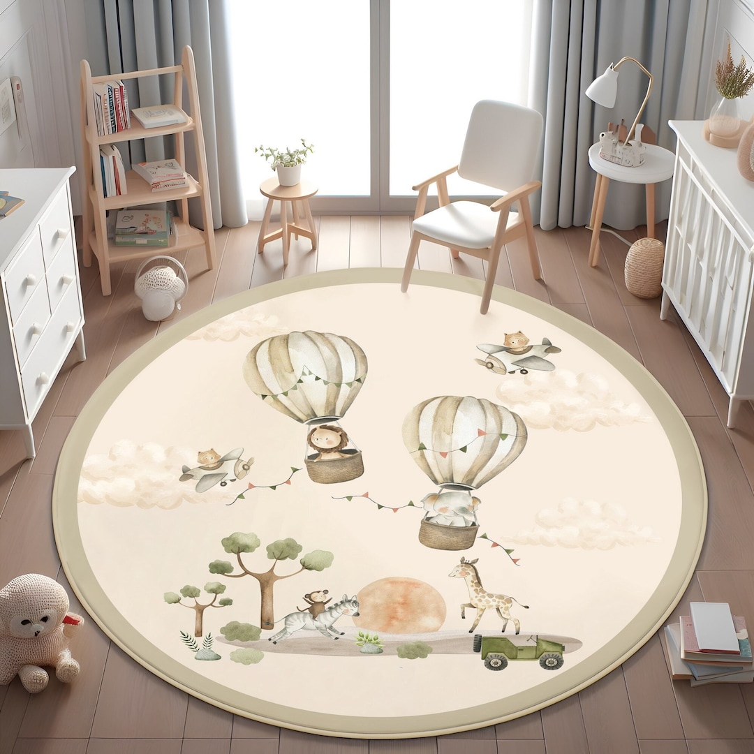 Cute Safari Themed Carpet With Car, Baby Gift, Area Rug,hot Air Balloon ...