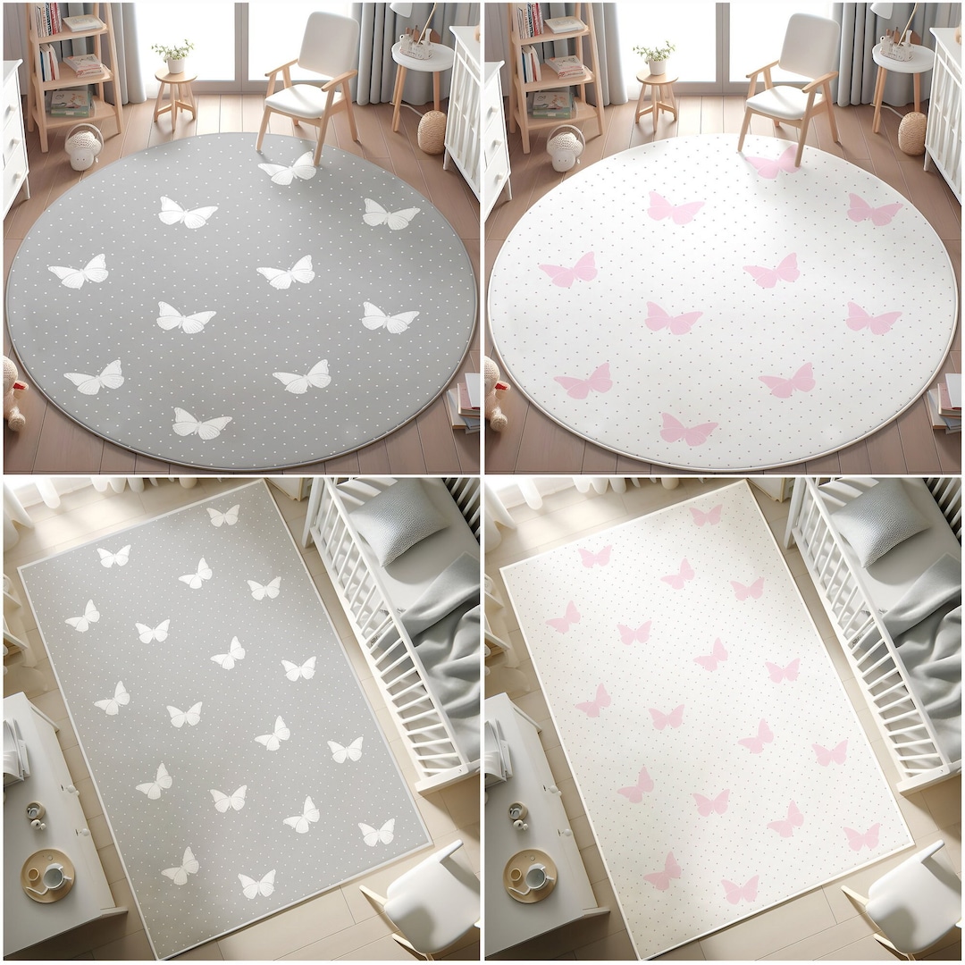 Butterfly Themed Carpet,pink Butterfly Patterned Round Rug,polka-dot ...