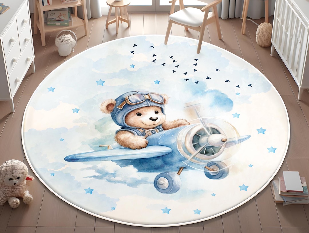 Bear Patterned Children's Carpet, Kids Rug, Baby Boy Gift, Washable ...