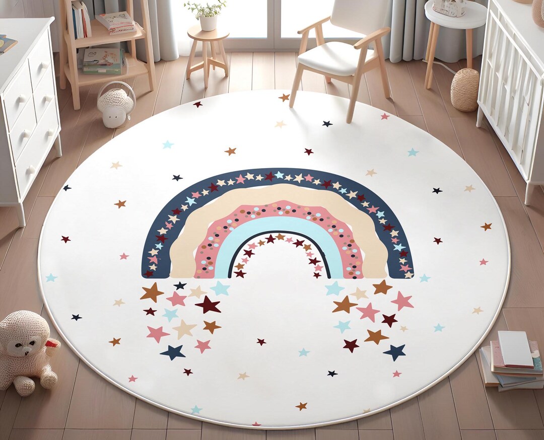 Star Rainbow Kids Rug, Round Kid's Room Rug, Playmat for Kids, Colorful ...