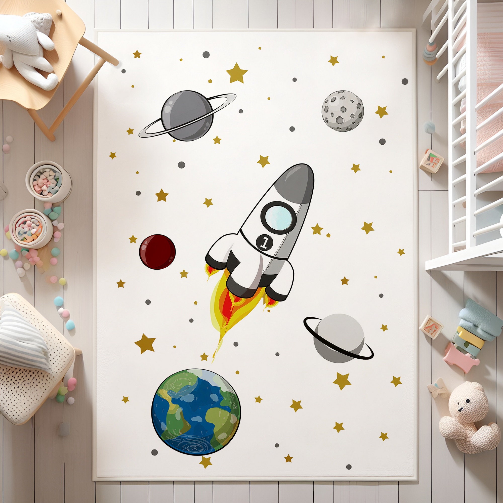 Rocket Themed Kids Rug,planet Activity Rug,ultra Soft Space Playmat for ...
