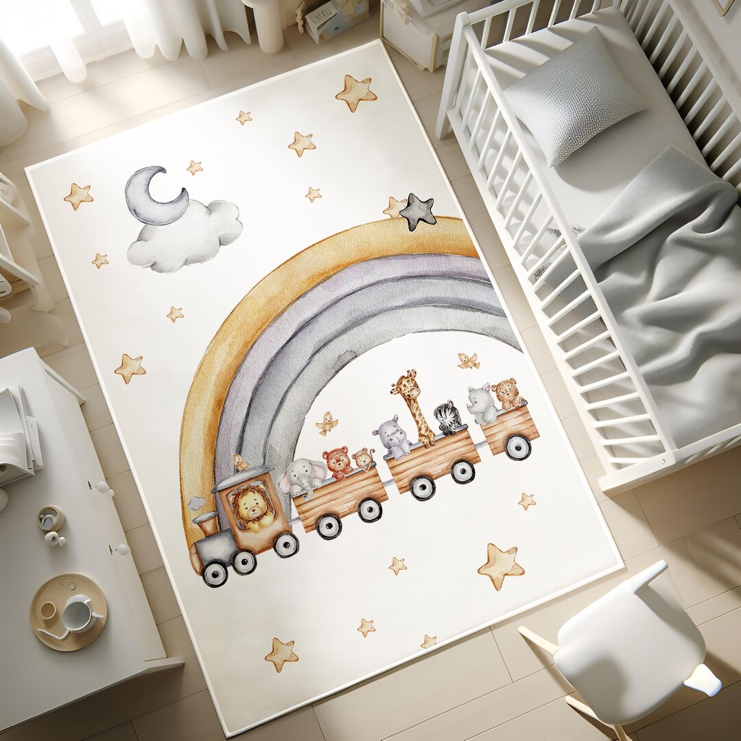 Train Safari Themed Carpet, Baby Gift, Area Rug,hot Air Balloon Kids ...