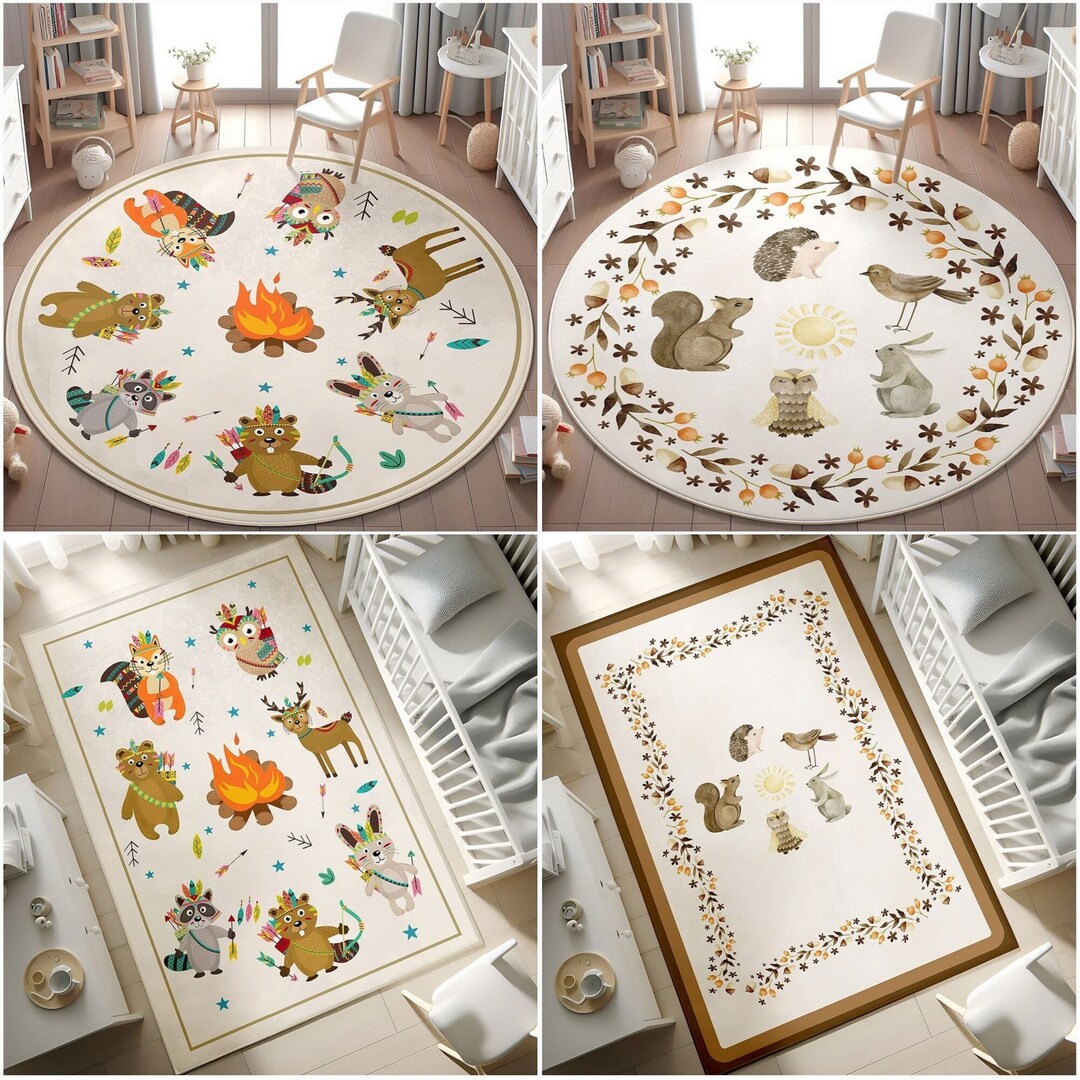 Animal Ultra Soft Kids Rug, Watercolor Autumn Forest Design,fox Round ...