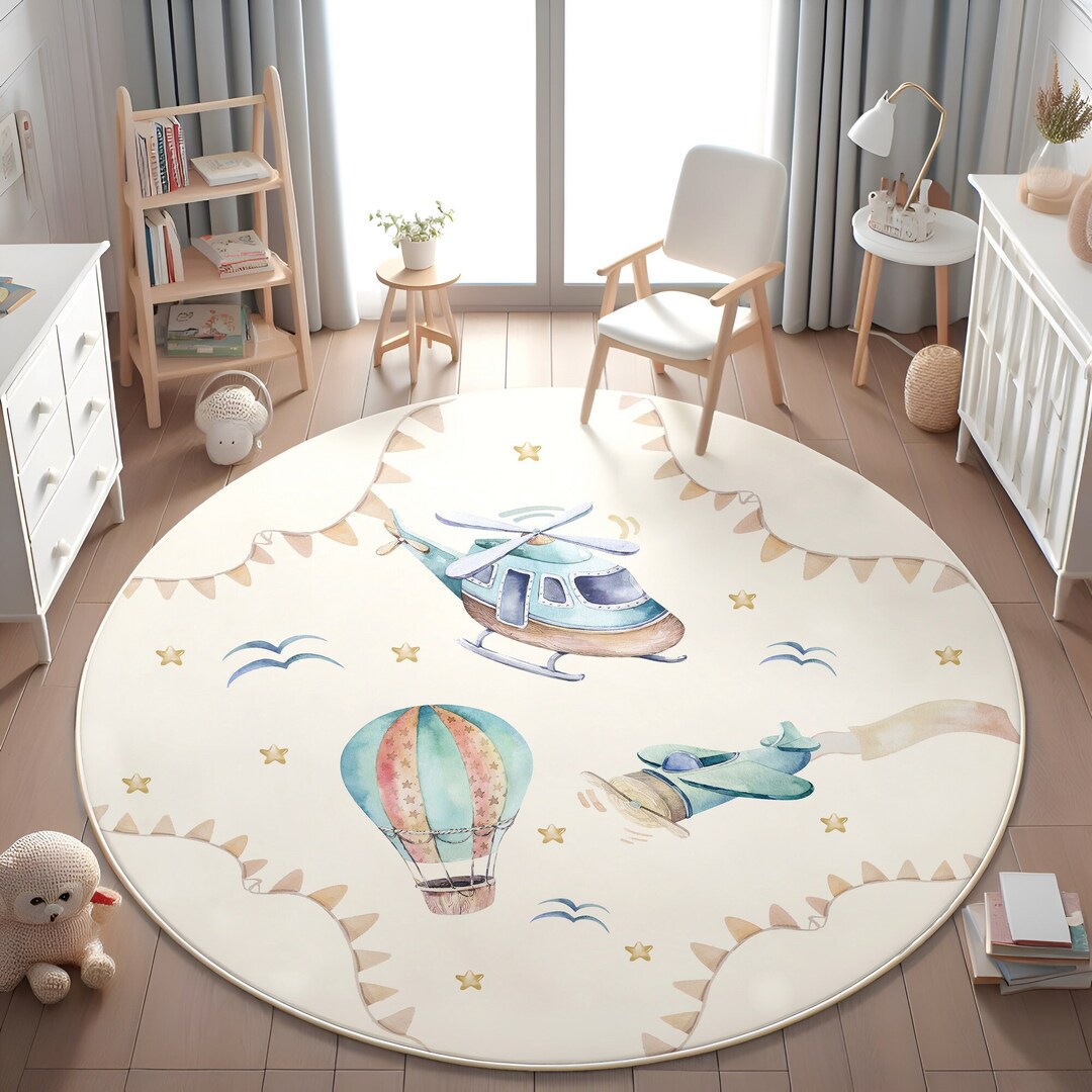 Airplane Patterned Children's Carpet,hot Air Balloon Kids Rug, Baby Boy ...