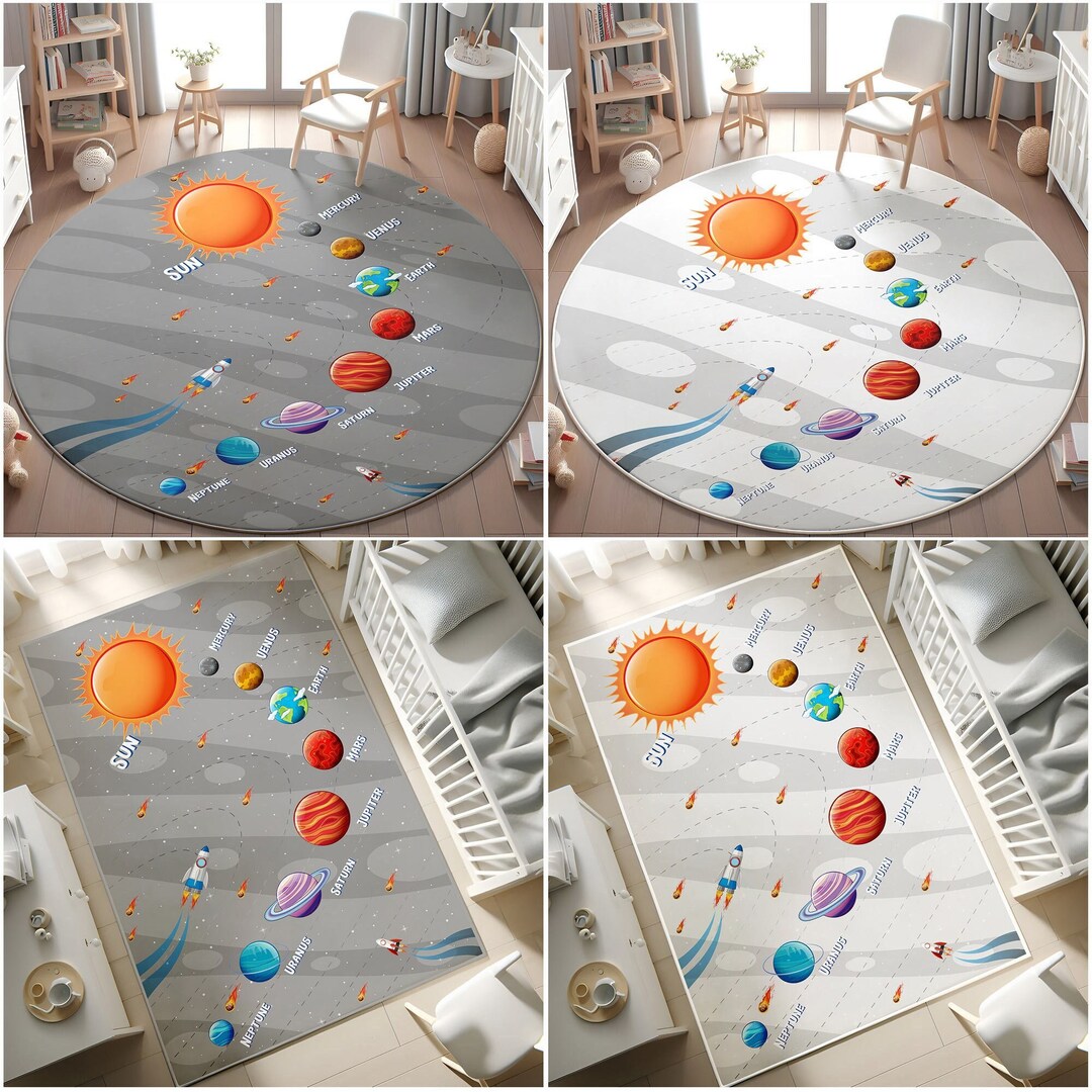 Planet Playmat for Children's Room, World Patterned Carpet, Rocket ...