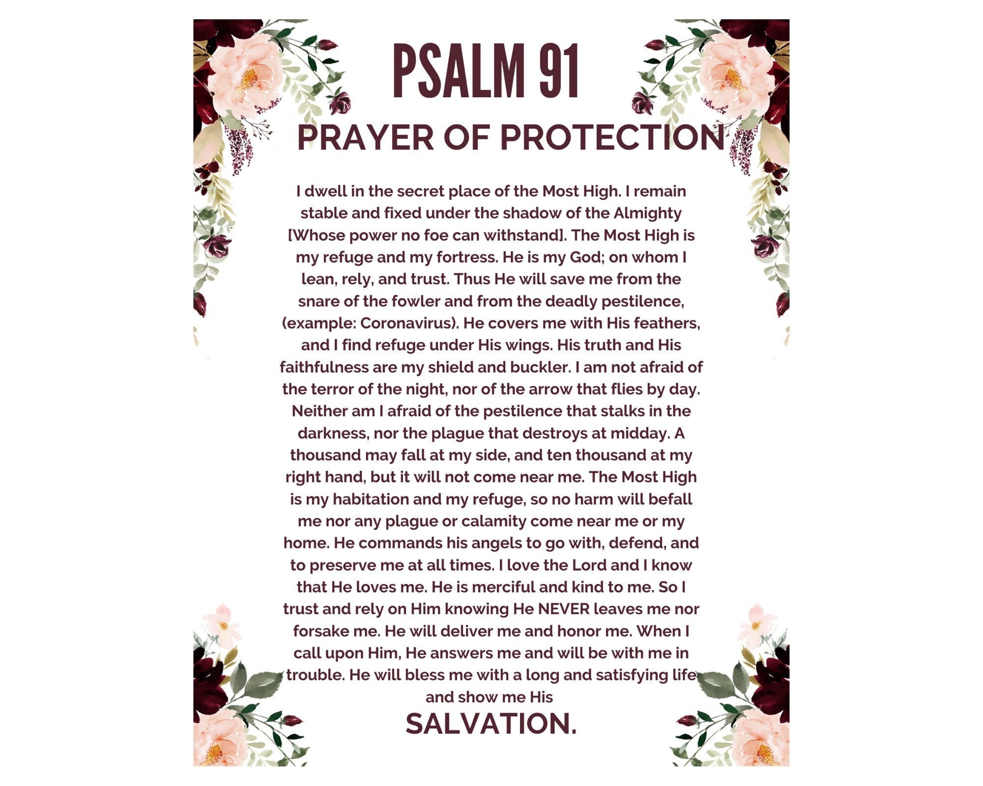 Psalm 91 Prayer of Protection |bible Verse Printable Wall Art| 2 Pdfs 8 ...