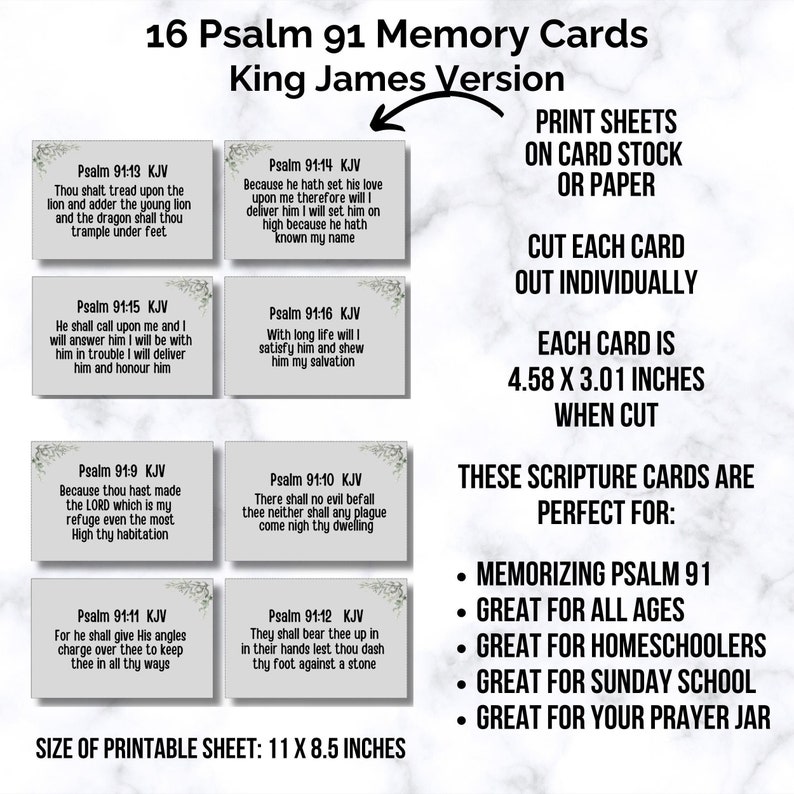 16 Psalm 91 King James Version Scripture Memory Cards, 1 PDF File - 11 ...