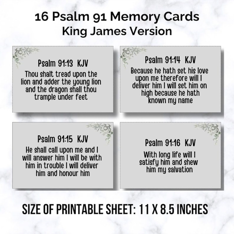 16 Psalm 91 King James Version Scripture Memory Cards, 1 PDF File - 11 ...